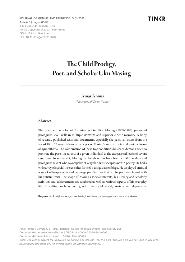 (PDF) The Child Prodigy, Poet, and Scholar Uku Masing