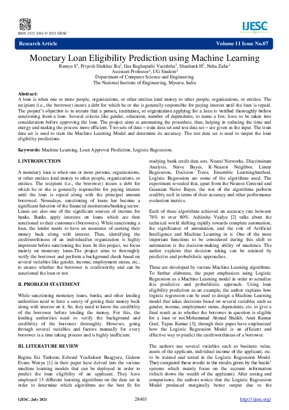 Pdf Monetary Loan Eligibility Prediction Using Machine Learning