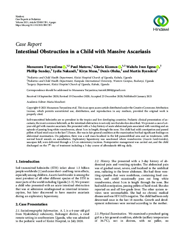 (PDF) Intestinal Obstruction in a Child with Massive Ascariasis