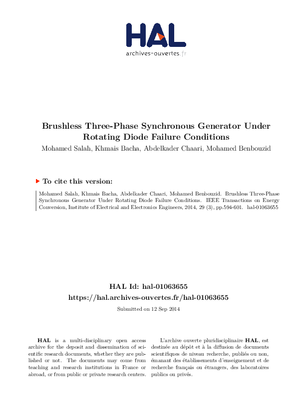 (PDF) Brushless Three-Phase Synchronous Generator Under Rotating Diode ...