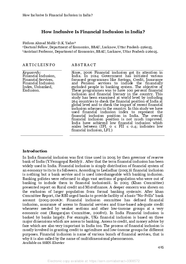 (PDF) How Inclusive Is Financial Inclusion in India?