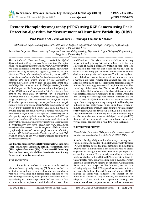 Pdf Remote Photoplethysmography Rppg Using Rgb Camera Using Peak Detection Algorithm For