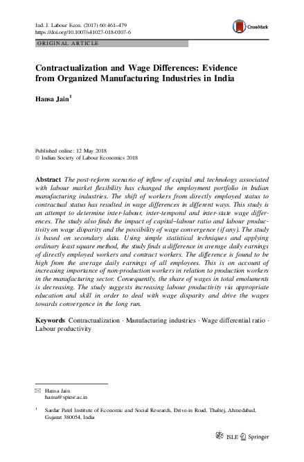 (PDF) Contractualization and Wage Differences: Evidence from Organized ...