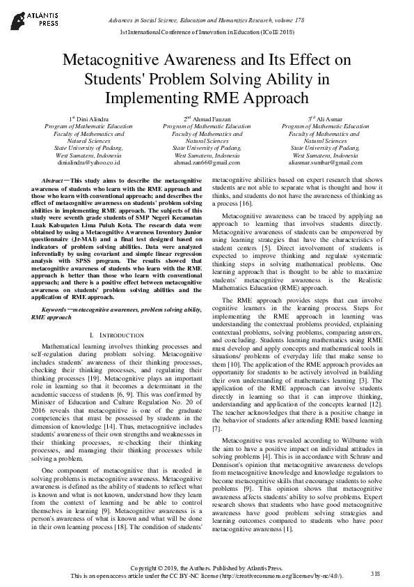 (PDF) Metacognitive Awareness and Its Effect on Students' Problem Solving Ability in ...
