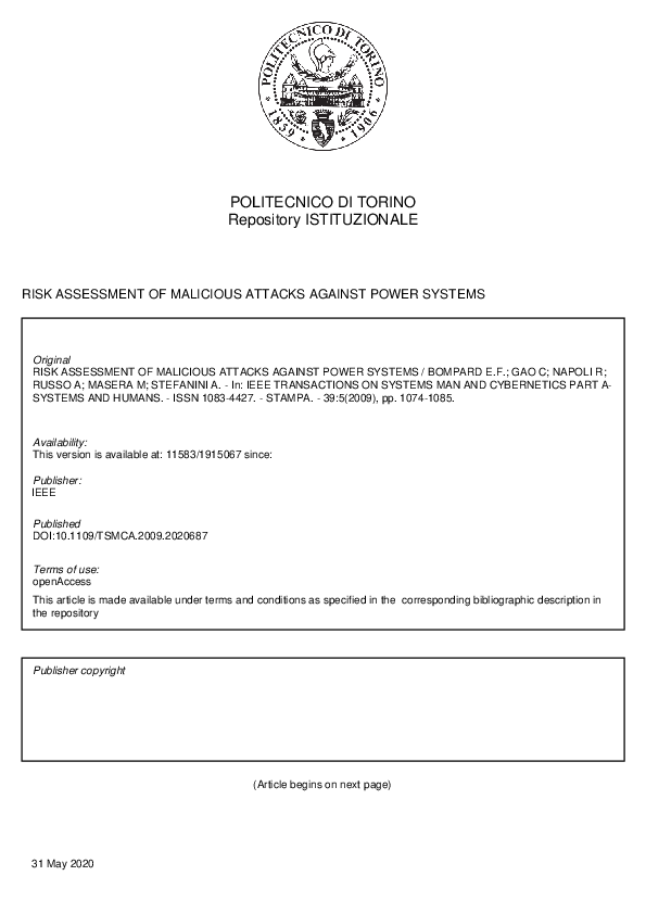 (PDF) Risk Assessment of Malicious Attacks Against Power Systems