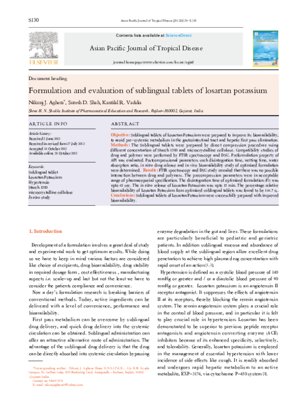 Pdf Formulation And Evaluation Of Sublingual Tablets Of Losartan Potassium