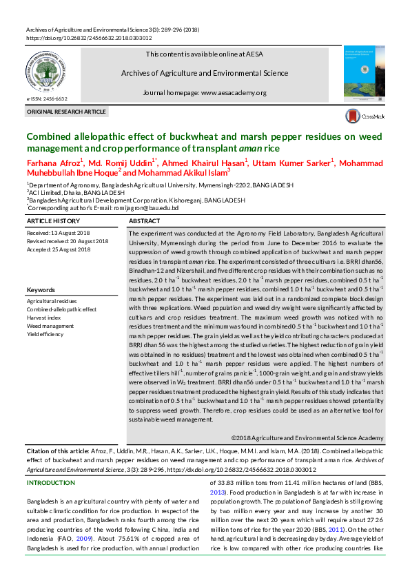 (PDF) Combined allelopathic effect of buckwheat and marsh pepper residues on weed management and ...