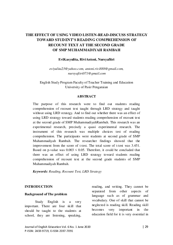 (PDF) The Effect Of Using Video Listen-Read-Discuss Strategy Toward Student’s Reading ...