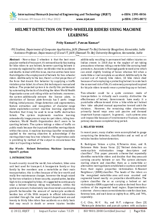 Pdf Helmet Detection On Two Wheeler Riders Using Machine Learning