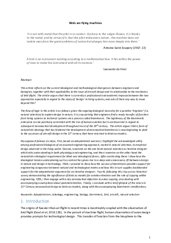 (PDF) Birds are flying machines article Long form (Biomimetics and ...