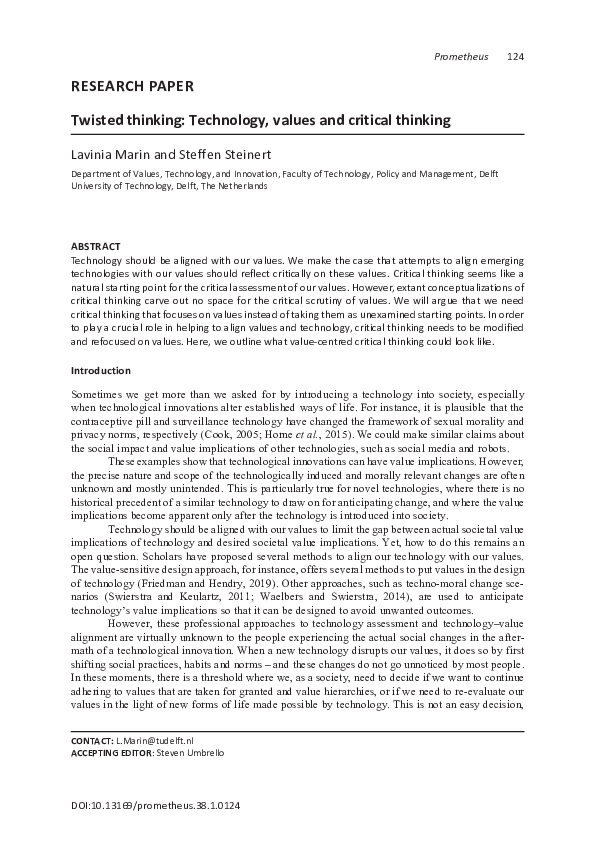 (PDF) Twisted thinking: Technology, values and critical thinking