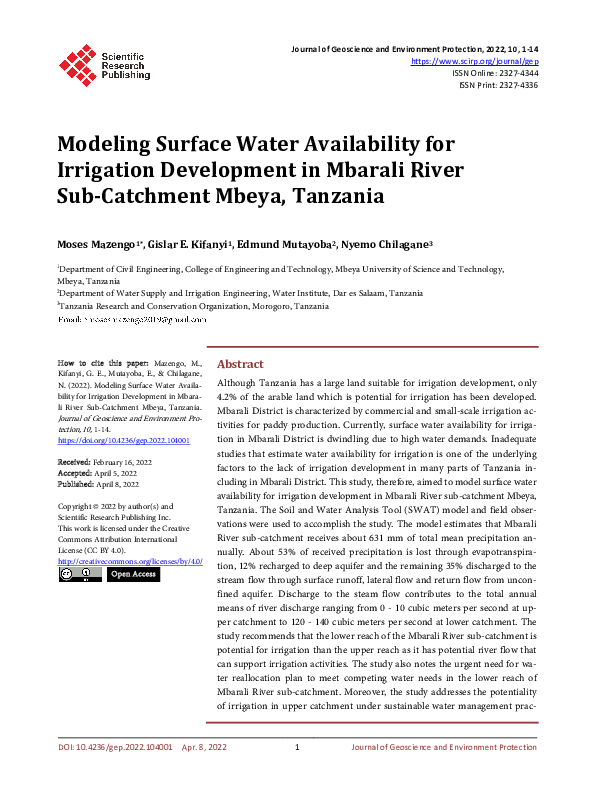 (PDF) Modeling Surface Water Availability for Irrigation Development in Mbarali River Sub ...