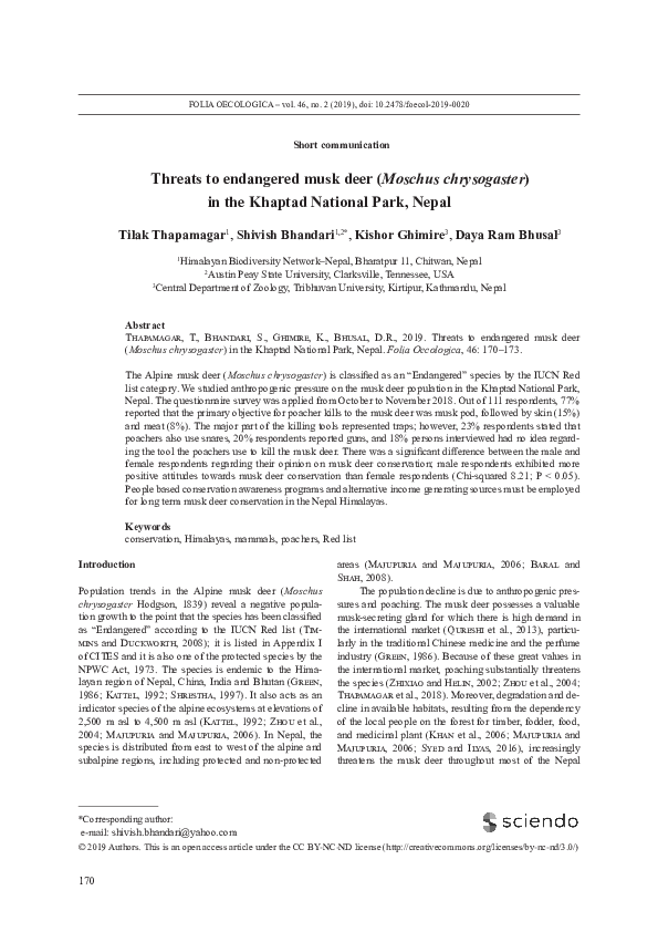 (PDF) Threats to endangered musk deer (Moschus chrysogaster) in the ...
