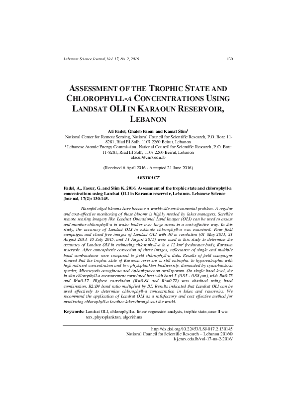 (PDF) Assessment of The trophic state and Chlorophyll-a concentrations ...