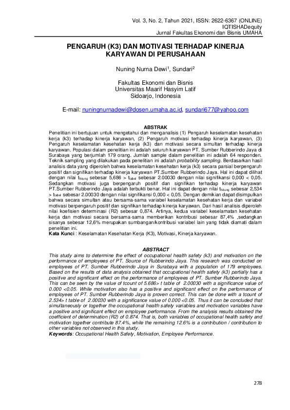 (PDF) Pengaruh (K3) Dan Motivasi Terhadap Kinerja Karyawan DI Perusahaan