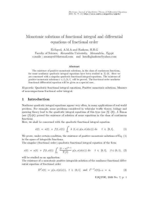 (PDF) Monotonic solutions of functional integral and differential equations of fractional order