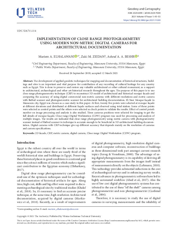 (PDF) Implementation of Close Range Photogrammetry Using Modern Non-Metric Digital Cameras for ...