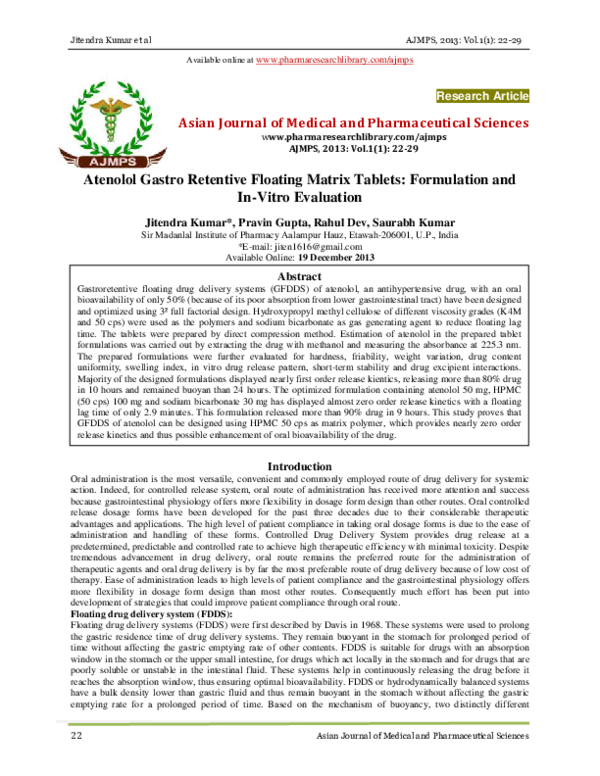 Pdf Atenolol Gastro Retentive Floating Matrix Tablets Formulation And In Vitro Evaluation