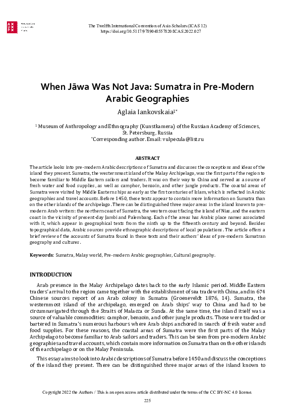 (PDF) When Jāwa Was Not Java: Sumatra in Pre-Modern Arabic Geographies
