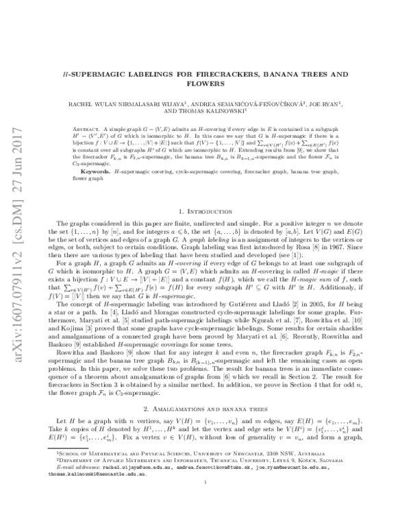 (PDF) H-supermagic labelings for firecrackers, banana trees and flowers