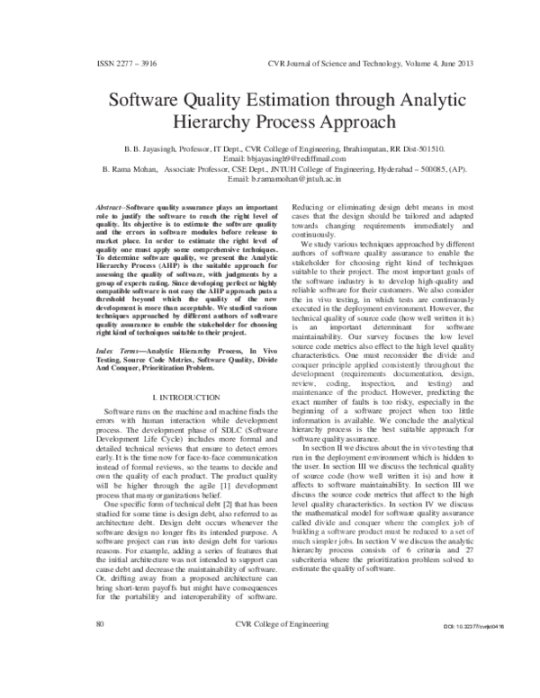 Pdf Software Quality Estimation Through Analytic Hierarchy Process