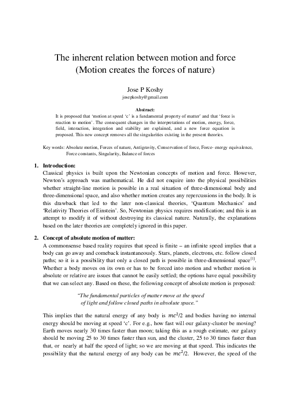 (PDF) The inherent relation between motion and force (Motion creates ...