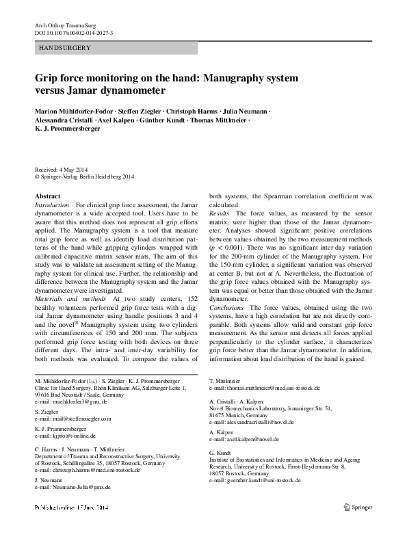 (PDF) Grip force monitoring on the hand: Manugraphy system versus Jamar ...