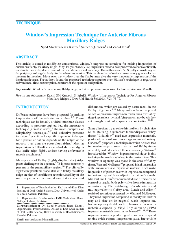 (PDF) Window’s Impression Technique for Anterior Fibrous Maxillary Ridges