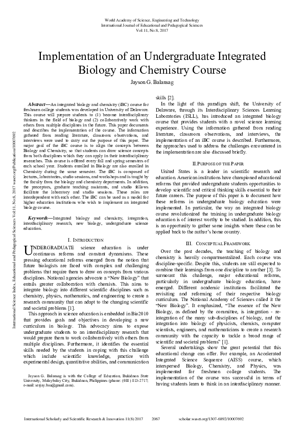 (PDF) Implementation Of An Undergraduate Integrated Biology And ...