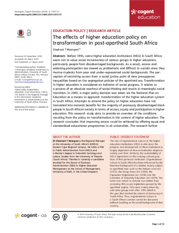 (PDF) The effects of higher education policy on transformation in post-apartheid South Africa