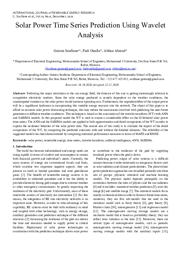 (PDF) Solar Power Time Series Prediction Using Wavelet Analysis