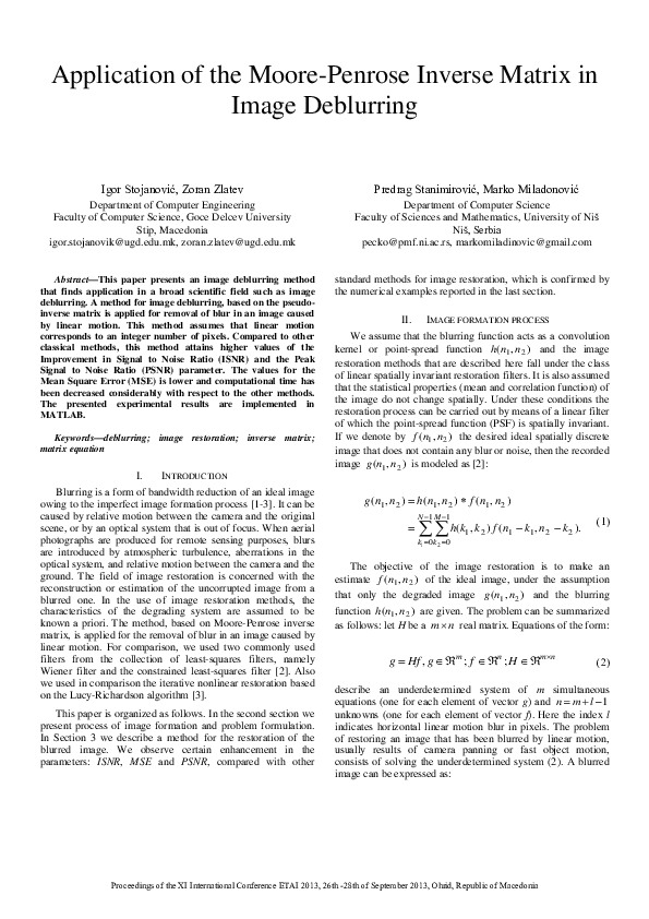 (PDF) Application of the Moore-Penrose Inverse Matrix in Image Deblurring | Predrag Stanimirovic ...