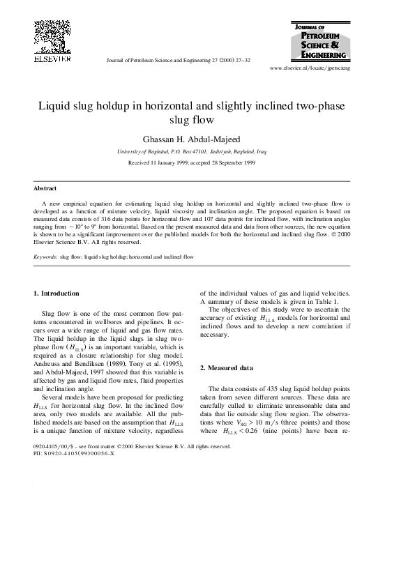 (PDF) Liquid slug holdup in horizontal and slightly inclined two-phase slug flow
