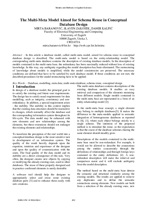 (PDF) The Multi-Meta Model Aimed for Schema Reuse in Conceptual Database Design