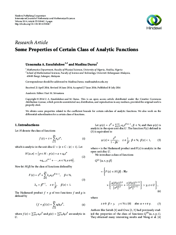 Pdf Some Properties Of Certain Class Of Analytic Functions