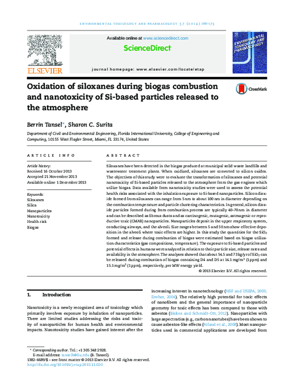 (PDF) Oxidation of siloxanes during biogas combustion and nanotoxicity ...
