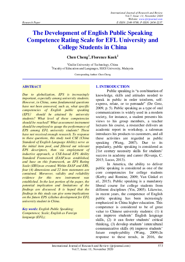 (PDF) The Development of English Public Speaking Competence Rating ...