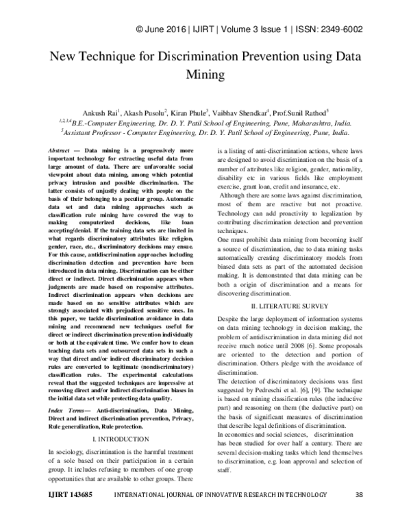 (PDF) New Technique for Discrimination Prevention using Data Mining