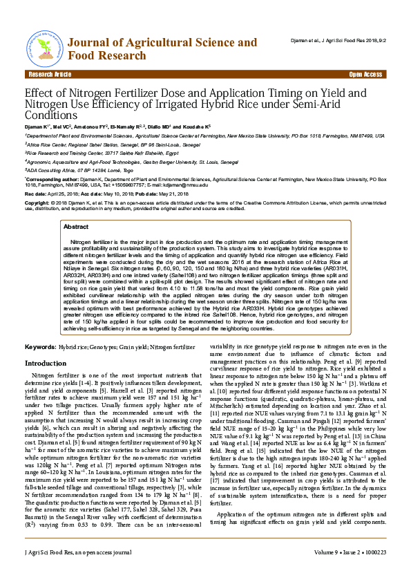 (PDF) Effect of Nitrogen Fertilizer Dose and Application Timing on Yield and Nitrogen Use ...