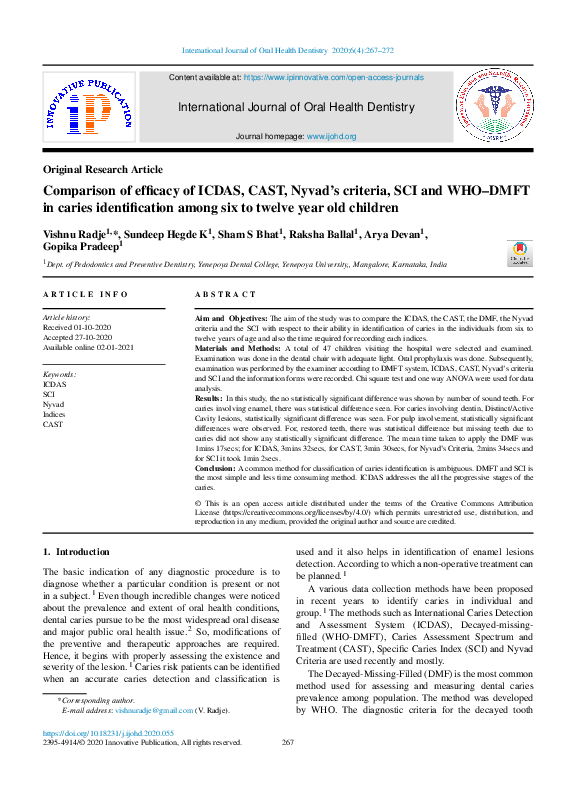 (PDF) Comparison of efficacy of ICDAS, CAST, Nyvad’s criteria, SCI and ...