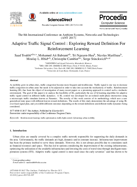 (PDF) Adaptive Traffic Signal Control : Exploring Reward Definition For ...