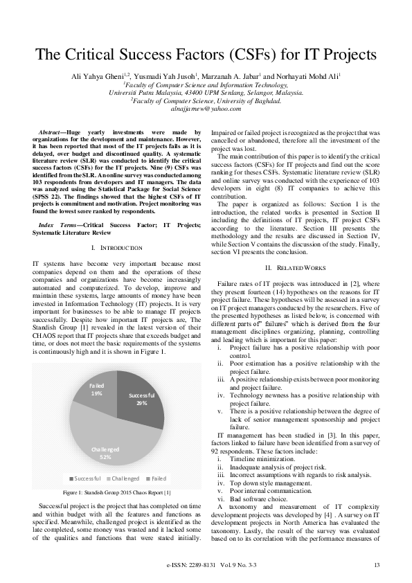 (PDF) The Critical Success Factors (CSFs) for IT Projects | Dr. Ali Y A H Y A Gheni - Academia.edu