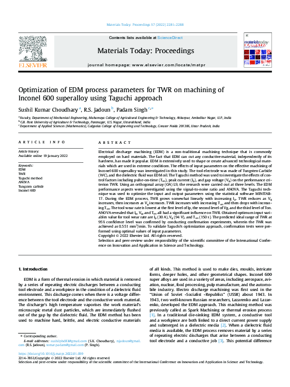(PDF) Optimization of EDM process parameters for TWR on machining of Inconel 600 superalloy ...