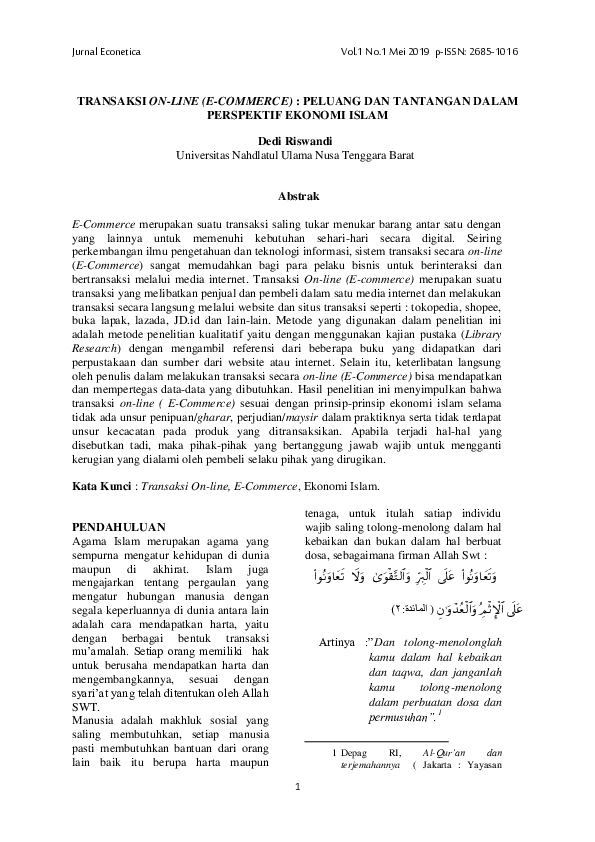 (PDF) Transaksi On-Line (E-Commerce) : Peluang dan Tantangan Dalam Perspektif Ekonomi Islam