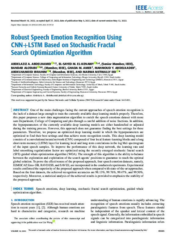 Pdf Robust Speech Emotion Recognition Using Cnn Lstm Based On Stochastic Fractal Search