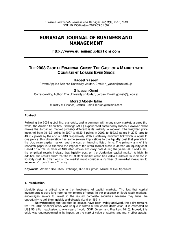 (PDF) The 2008 Global Financial Crisis: The Case of a Market with ...