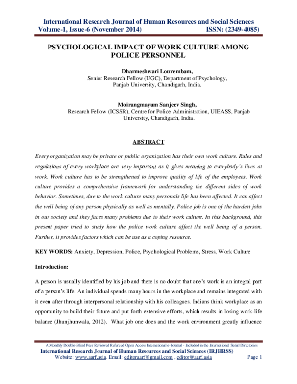 (PDF) Psychological Impact of Work Culture Among Police Personnel