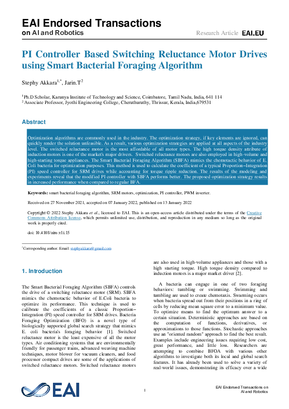 Pdf Pi Controller Based Switching Reluctance Motor Drives Using Smart Bacterial Foraging Algorithm