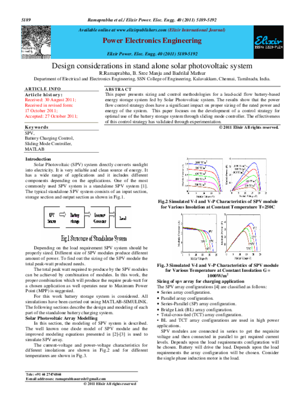 (PDF) Design Considerations of Stand-Alone Solar Photovoltaic Systems