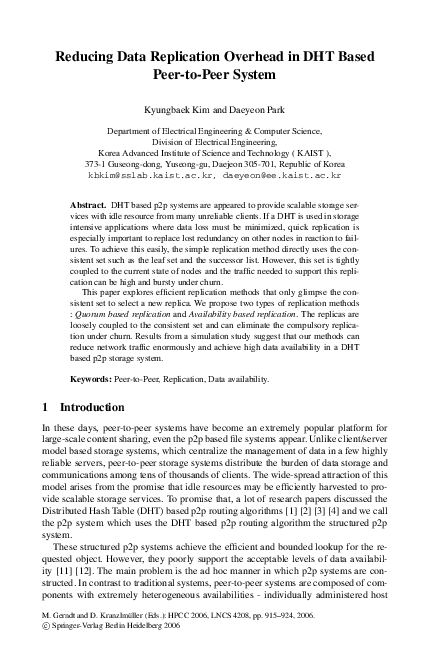 (PDF) Reducing Data Replication Overhead in DHT Based Peer-to-Peer System